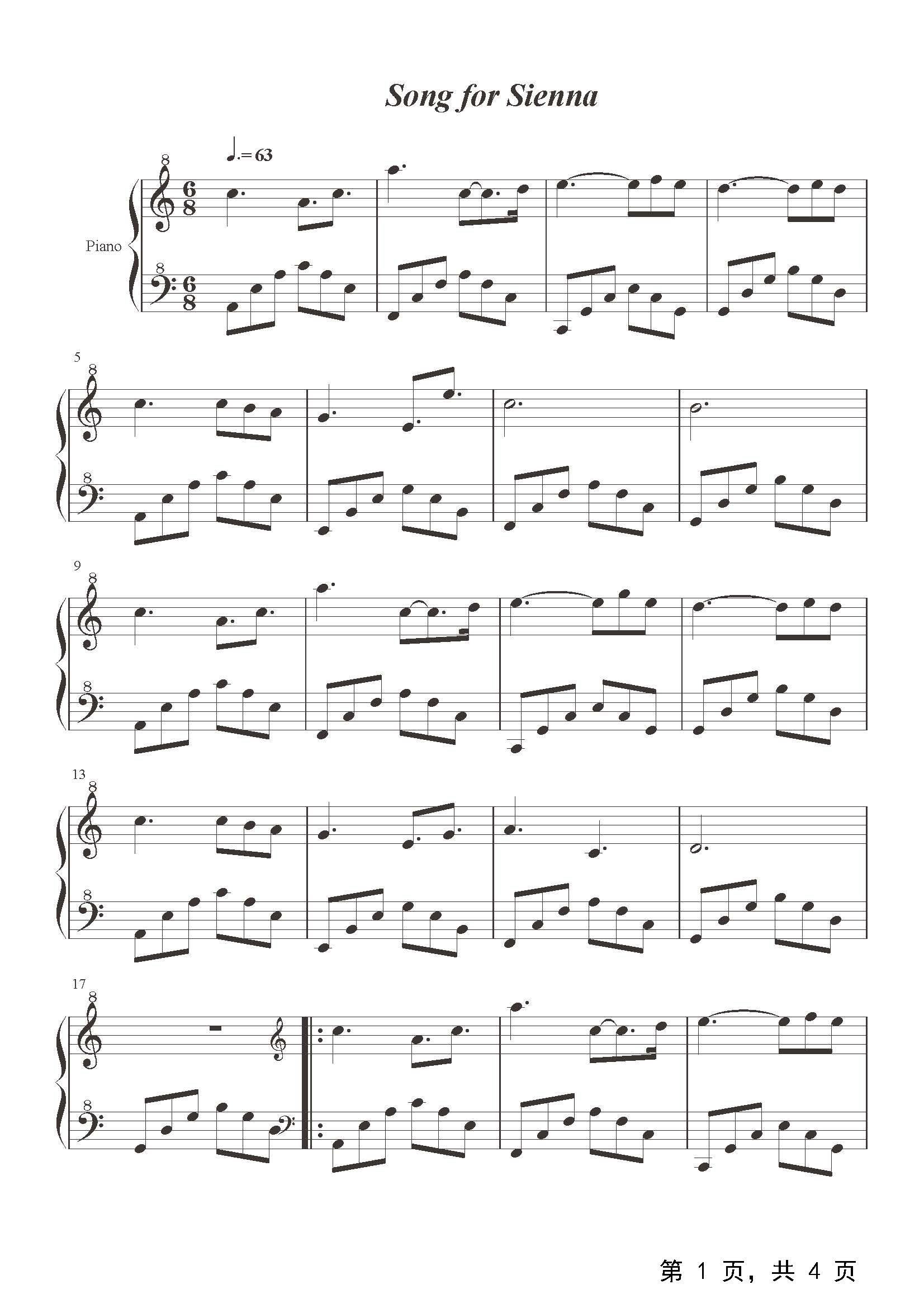 Song For Sienna钢琴谱brian Crainc调流行钢琴谱五线谱独奏谱钢琴谱钢琴五线谱钢琴简谱钢琴弹唱谱钢琴声乐
